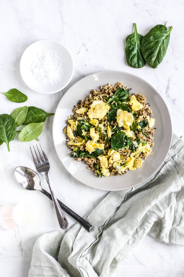 Brown Rice and Egg Breakfast Bowl with Spinach | The Butter Half