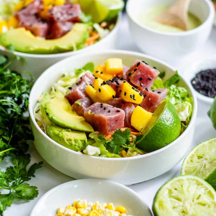 Avocado Ranch Ahi Tuna Poke Bowl with Mango (Gluten Free) | The Butter Half